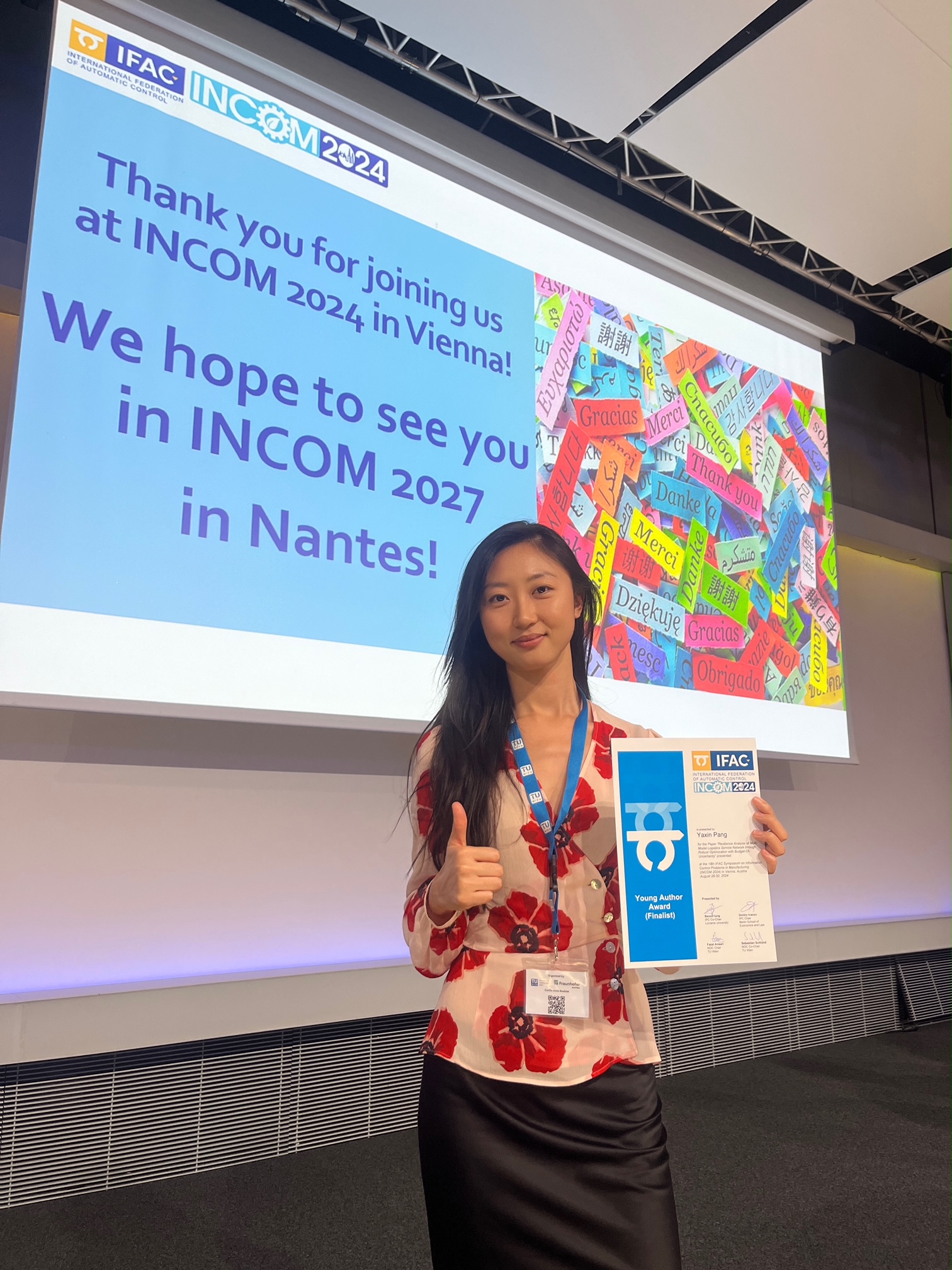 Yaxin PANG is one of the five Young Author Award finalists at the IFAC INCOM2024 conference ...